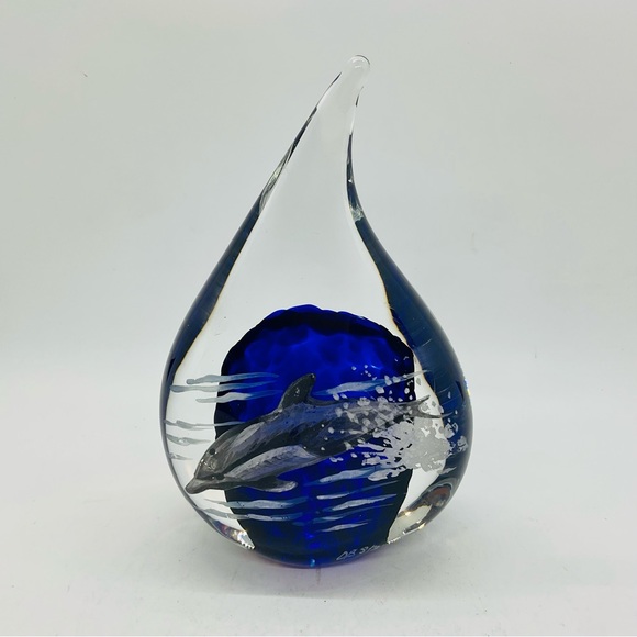 Art | Larson Art Glass Blue Etched Dolphin Water Drop Paperweight Sg Db ...